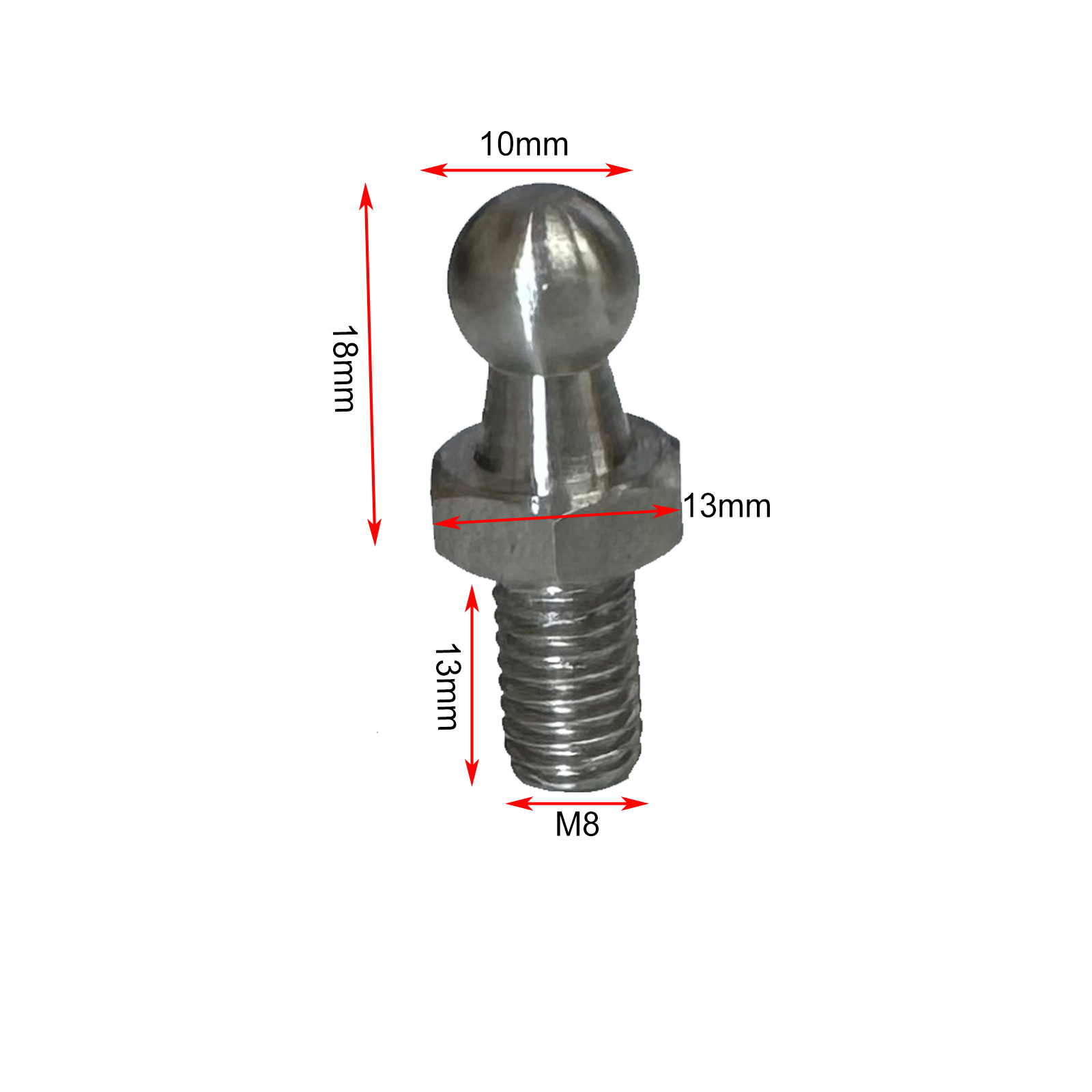Stainless Steel 316 - Gas strut ball stud. 10mm ball with 13mm long thread