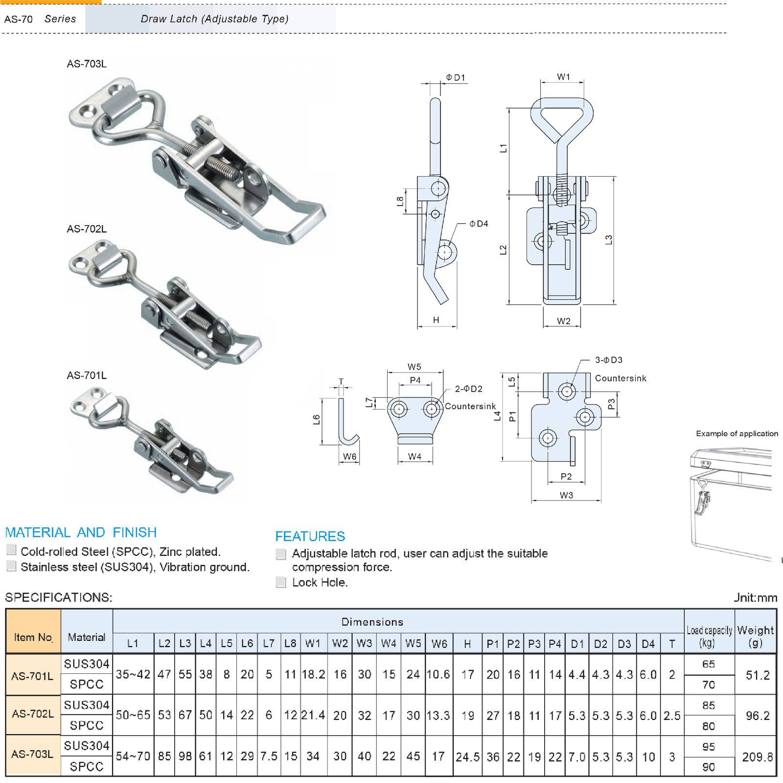 AS-701 Padlocking over center fastener with AS-30SS catchplate